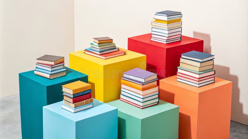Colorful Stacks of Books on Vibrant Pedestals in Minimalist Setting ...