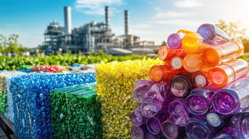 Colorful Stacks of Recycled Plastic in Front of Industrial Factory ...