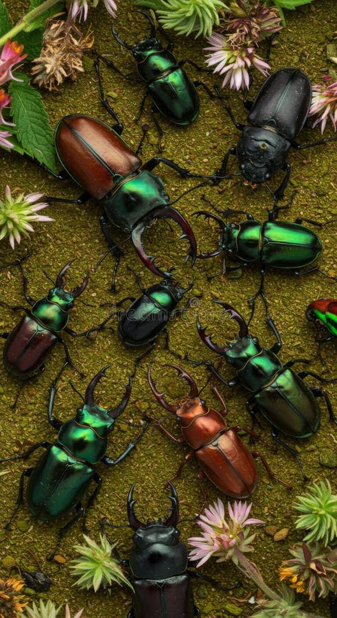 Colorful Stag Beetles on Mossy Ground with Flowers Stock Illustration ...