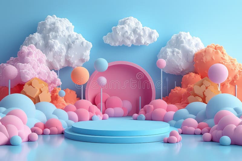 Colorful Stage Background with Clouds and Playful Shapes in a Dynamic ...