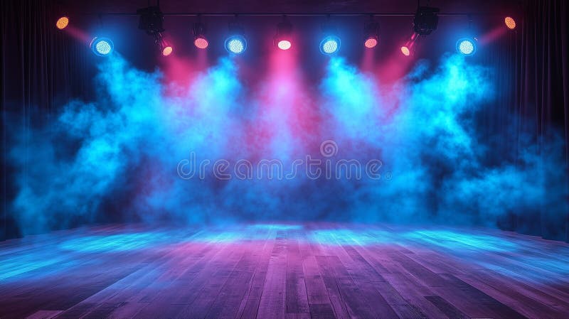 Colorful Stage with Bright Lights and Smoke Effects Stock Illustration ...