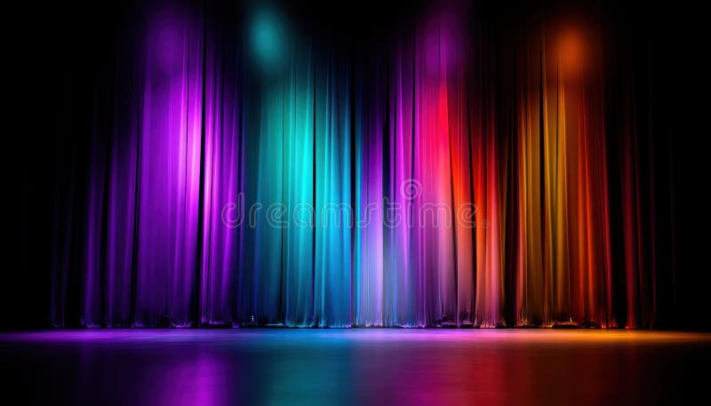 Colorful Stage Curtains Illuminated by Spotlights, a Vibrant Backdrop ...