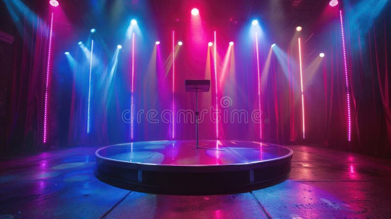 Colorful Stage with Dynamic Spotlights and Reflective Flooring Stock ...