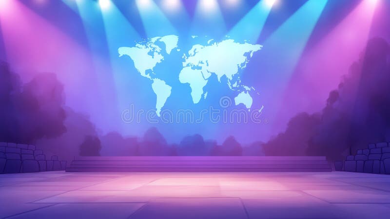 Colorful Stage with World Map Projection and Vibrant Lighting in ...