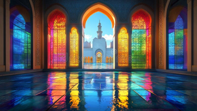 Colorful Stained Glass Arches Frame a Mosque View Stock Illustration ...