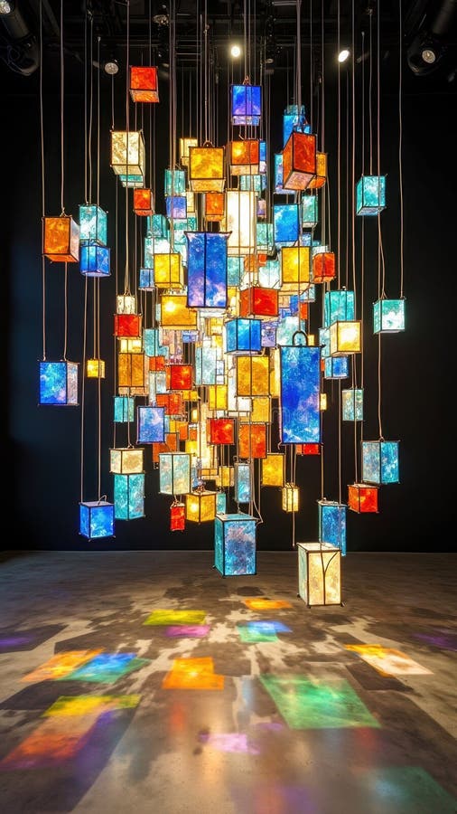 Colorful Stained Glass Lanterns Illuminating Dark Room with Intricate ...