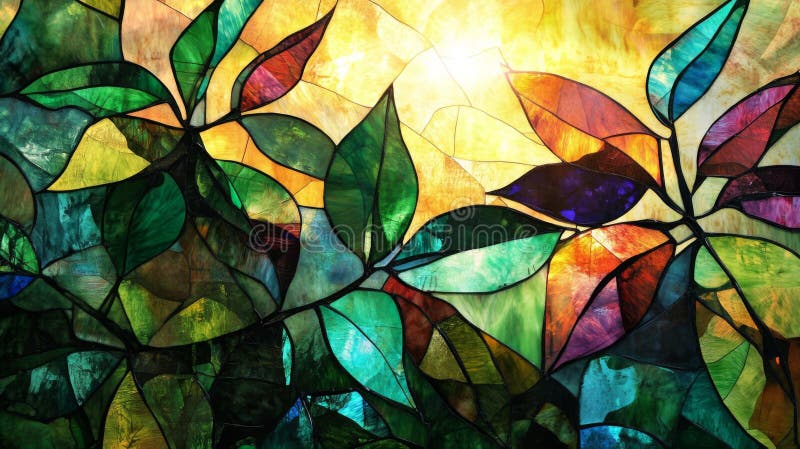 Colorful Stained Glass Leaves Pattern Artwork Stock Illustration ...