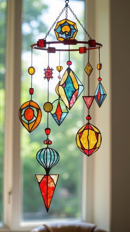 Colorful Stained Glass Mobile Hanging in Sunlit Window Stock ...