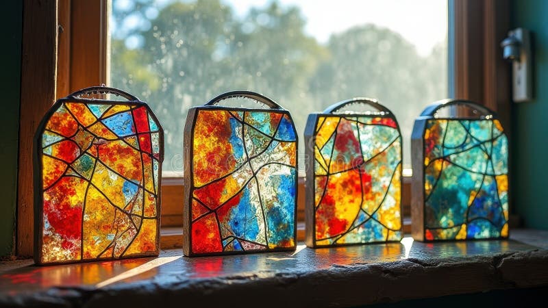 Colorful Stained Glass Panels on Sunny Window Sill in Warm Light Stock ...