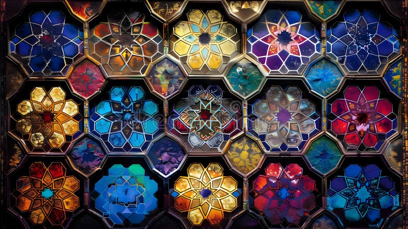 Colorful Stained Glass Patterns Arranged in a Hexagonal Grid Stock ...