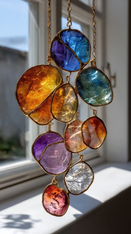 Colorful Stained Glass Sun Catcher in Sunlit Window Setting Stock ...