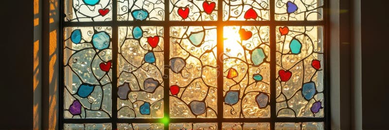 Colorful Stained Glass Window with Heart and Leaf Patterns at Sunset ...