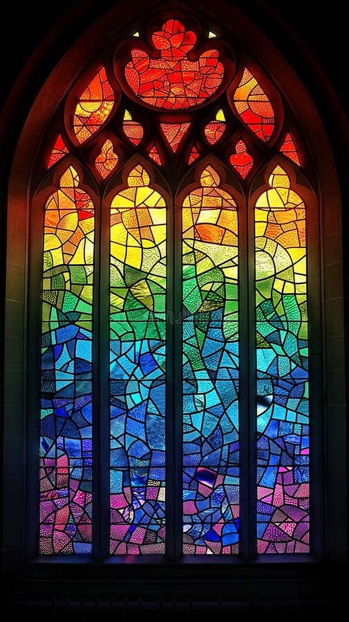 Colorful Stained Glass Window with Intricate Patterns in a Gothic Arch ...