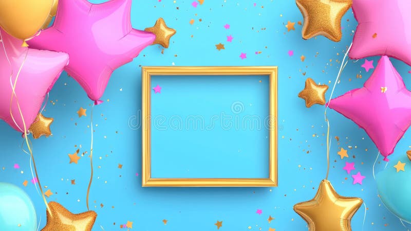 Colorful Star Balloons and Golden Frame on Blue Background Celebration ...