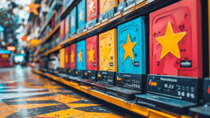 Colorful Star-Shaped Machines on a Shelf Stock Illustration ...
