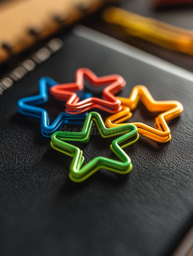 Colorful Star-shaped Paperclips on a Dark Notebook Stock Image - Image ...