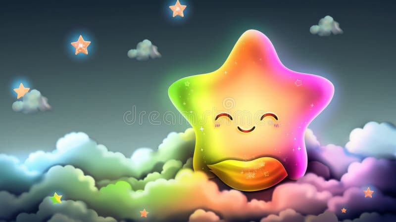 A Colorful Star with a Smiling Face is Surrounded by Clouds Stock ...