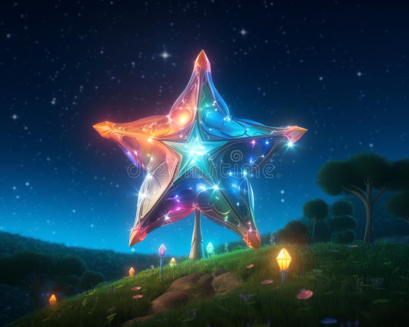 A Colorful Star on Top of a Hill at Night Stock Illustration ...