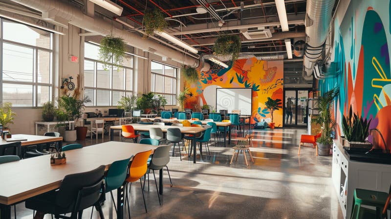 Colorful Startup Workspace with Open Plan Design Stock Illustration ...