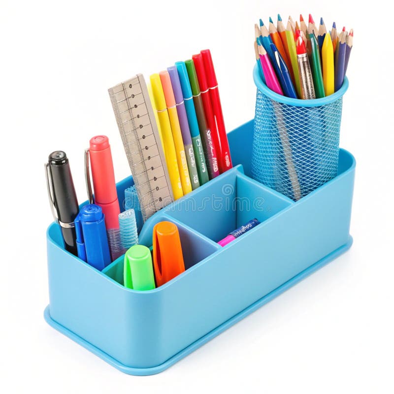 Colorful Stationery in Blue Holder Stock Illustration - Illustration of ...