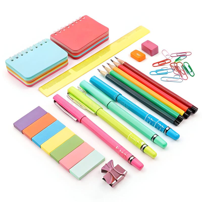Colorful Stationery Set Isolated on White Background Stock Illustration ...