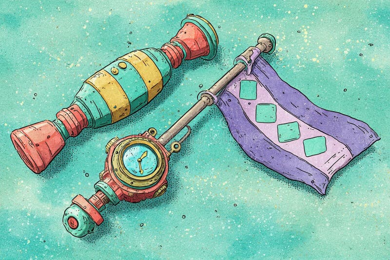 Colorful Steampunk Gadgets with Clock and Flag on a Turquoise ...