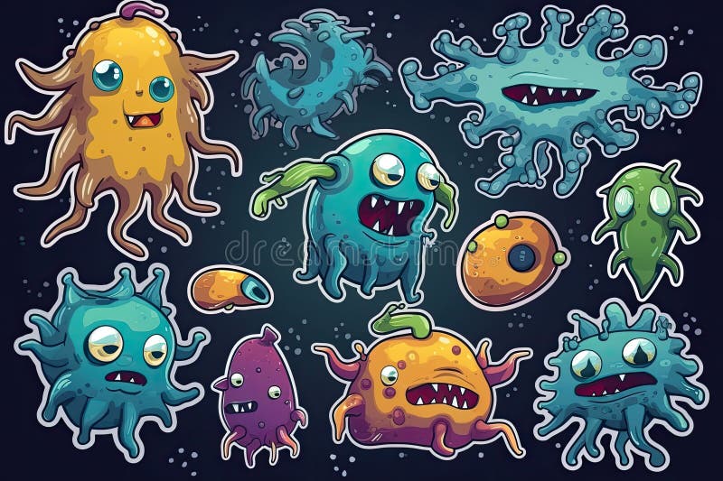 Colorful Sticker Set of Monster Like Characters Viruses and Bacterias ...