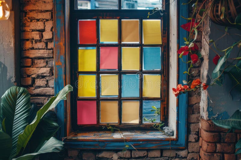 Colorful Stickers for Notes on the Window Frame in the Building Stock ...