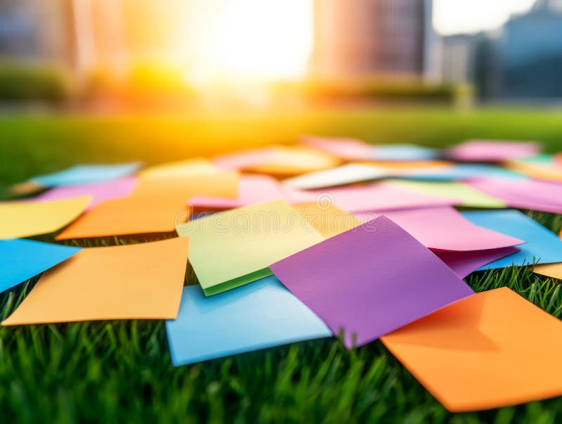 Colorful Sticky Note Papers Spread on Green Grass in Bright Urban ...