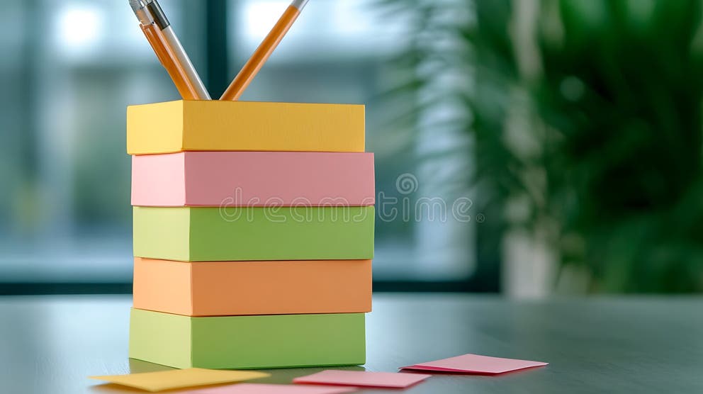 Colorful Sticky Note Stack with Pencils on a Desk Stock Illustration ...