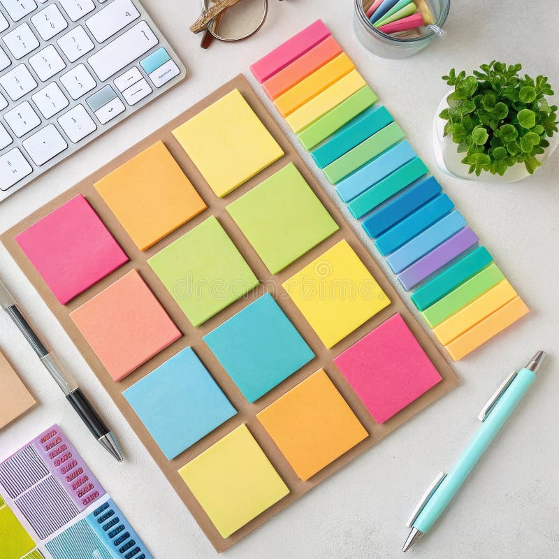 Colorful Sticky Notes Arranged on a Board with Pens and a Small Plant ...