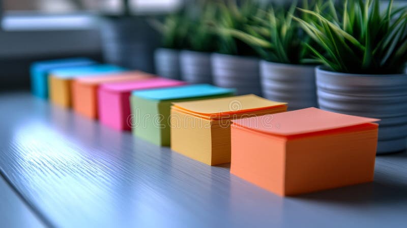 Colorful Sticky Notes Arranged Neatly on a Desk with Small Potted ... Colorful Sticky Notes Arranged Neatly on a Desk with Small Potted ...