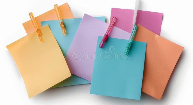 Colorful Sticky Notes Attached To Clips on a White Background Stock ...