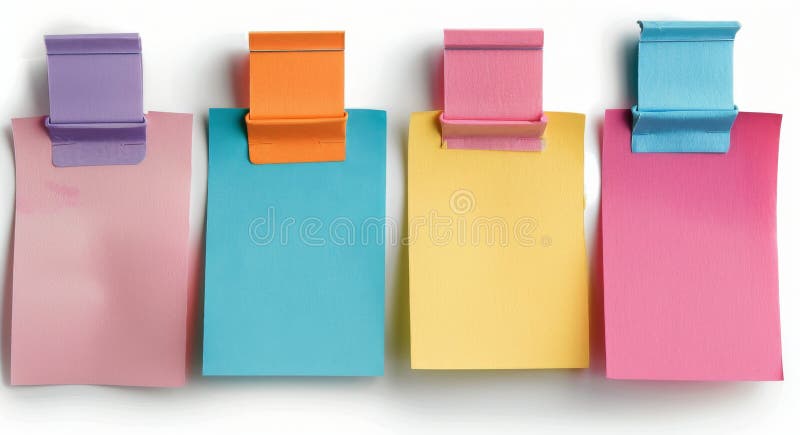 Colorful Sticky Notes Attached To Clips on a White Background Stock ...