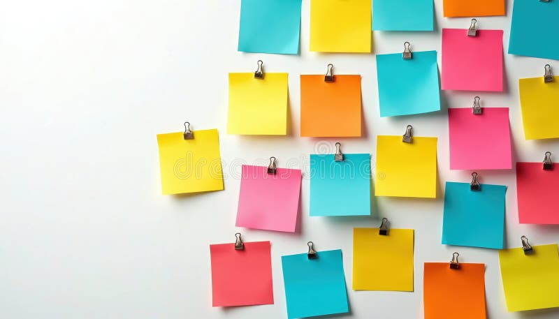 Colorful Sticky Notes Attached To White Background Wall with Clips ...