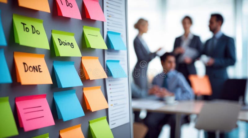 Colorful Sticky Notes on a Board with Business Team in the Background ...