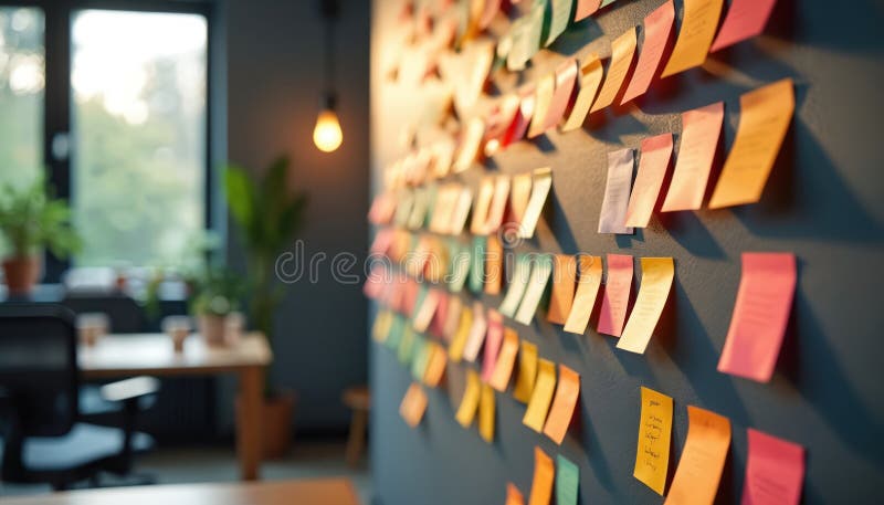 Colorful Sticky Notes on Brainstorming Board in Modern Office. Notes ...