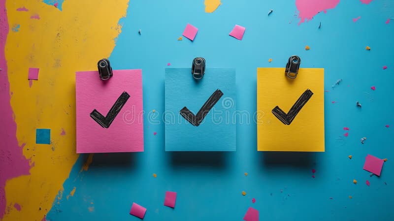 Colorful Sticky Notes with Check Marks Symbolizing Completed Tasks on a ...