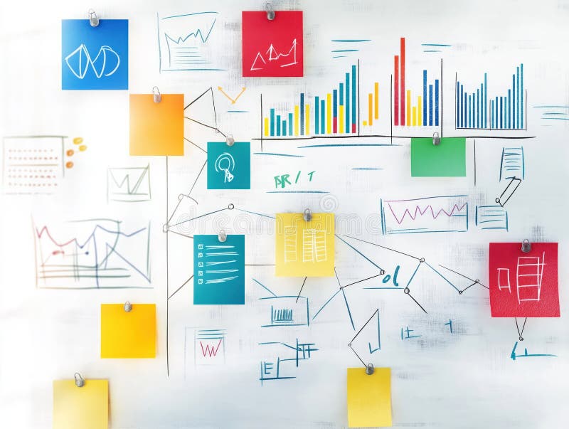 Colorful Sticky Notes, Diagrams on Whiteboard Show Comprehensive ...