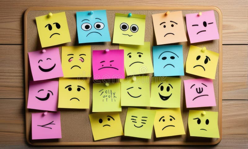 Colorful Sticky Notes with Emoticons on Corkboard Stock Illustration ...