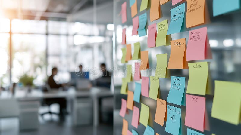 Colorful Sticky Notes on Glass Wall in Office Showcasing Brainstorming ...