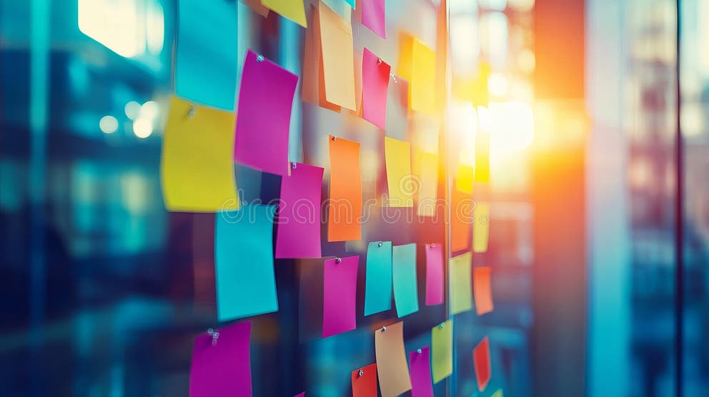 Colorful Sticky Notes on Glass Wall with Sunset Light in Modern ...