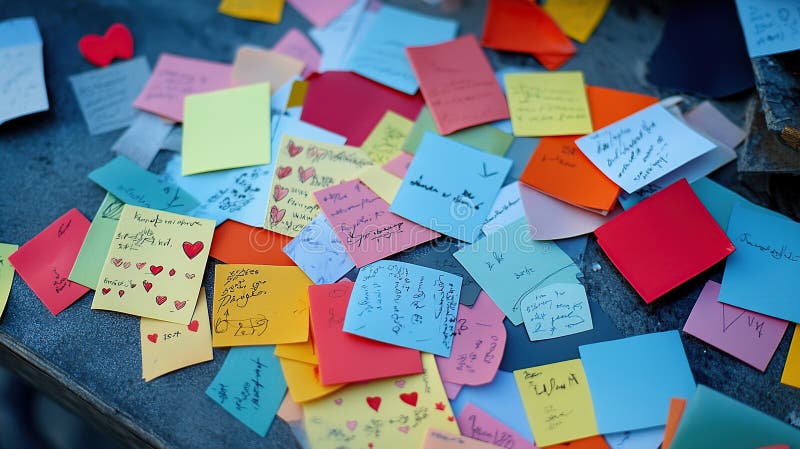 Colorful Sticky Notes with Handwritten Messages Scattered on a Surface ... Colorful Sticky Notes with Handwritten Messages Scattered on a Surface ...
