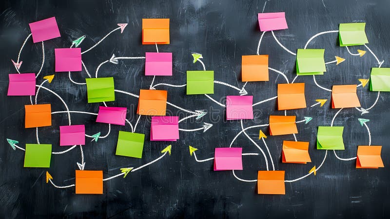 Network of Colorful Sticky Notes Connected by Arrows on Blackboard ...