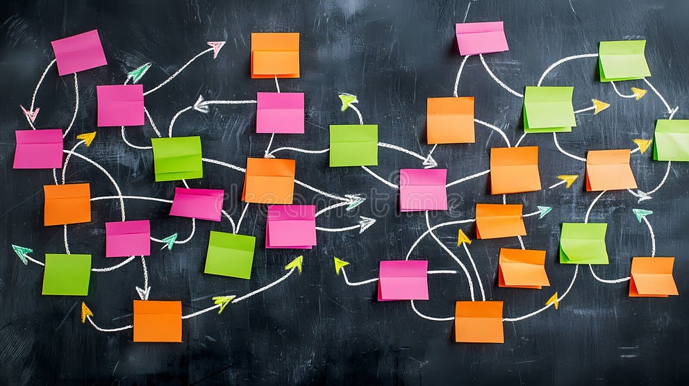 Network of Colorful Sticky Notes Connected by Arrows on Blackboard ...