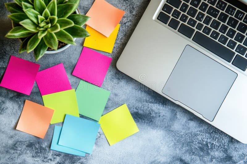 Colorful Sticky Notes and a Laptop on a Gray Surface Stock Illustration ...