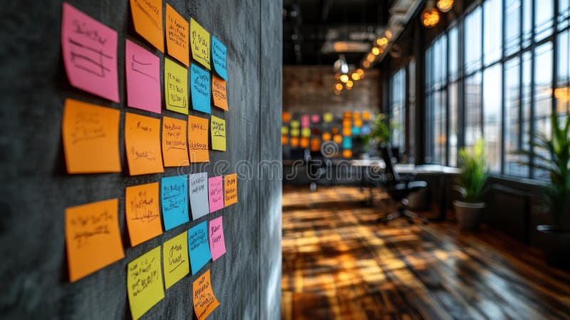 Colorful Sticky Notes on a Modern Office Wall Stock Illustration ...
