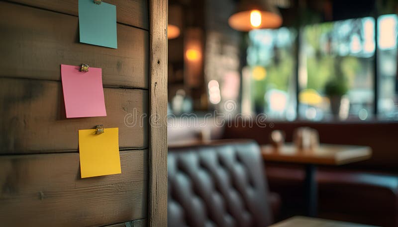 Colorful Sticky Notes on Modern Wooden Wall in Cozy Cafe Setting ...