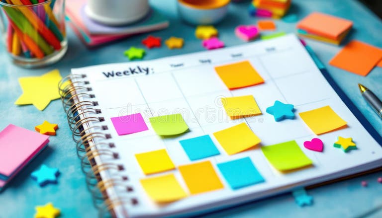 Colorful Sticky Notes on Open Weekly Planner with Coffee and Pen Stock ...