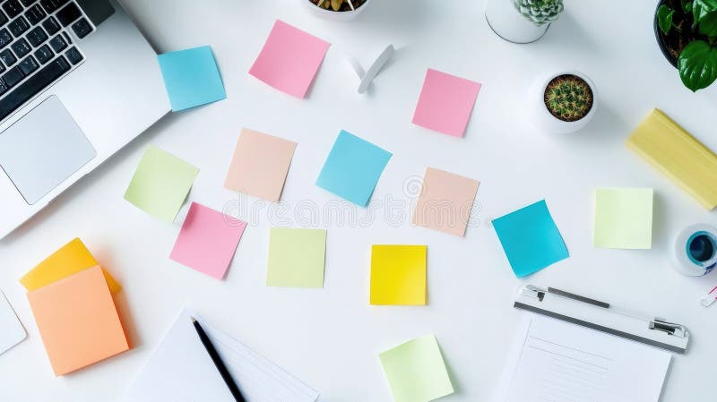 Sticky Notes and Paper Tabs Organized Neatly on a White Desk Background ...
